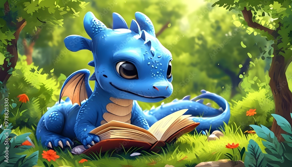 Adorable blue dragon immersed in reading a book amid a lush garden ...