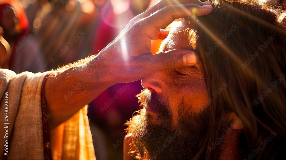 Jesus Christ healing a blind man with a blurred crowd in the background ...