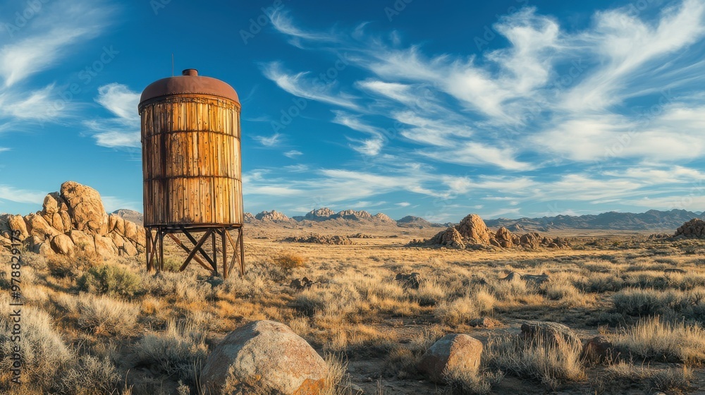A high-definition background of a worn, wooden water tower standing on ...