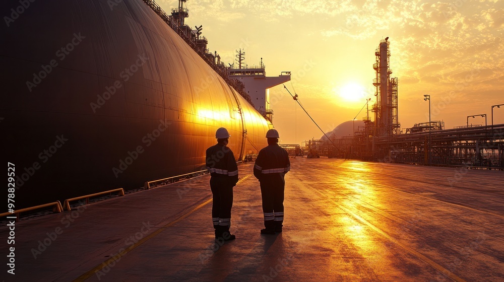 A gas export terminal where workers oversee the loading of LNG onto ...