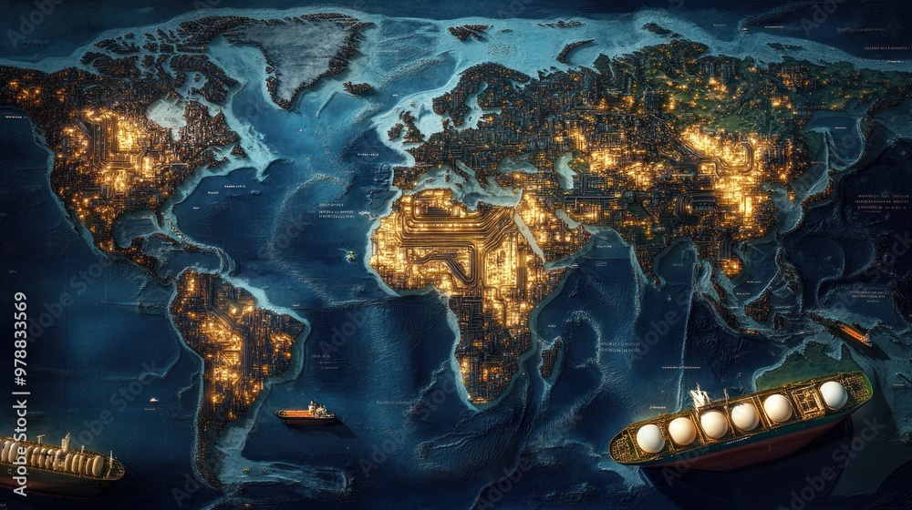 A global natural gas export map showing key ports and shipping routes ...