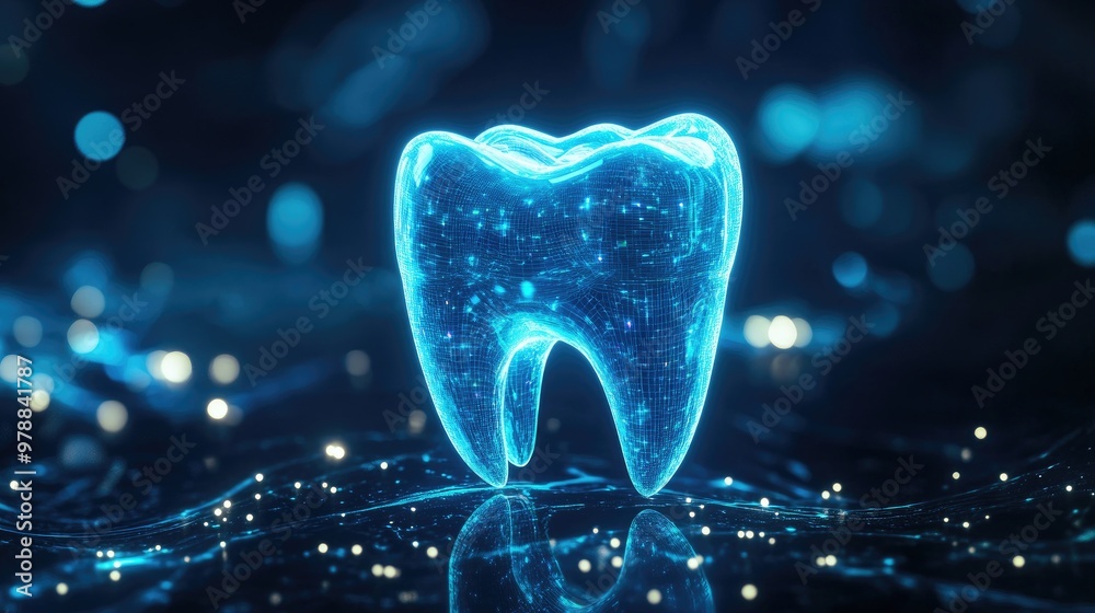 A high-tech blue holographic tooth floats in a dark space filled with ...