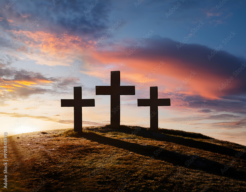 Three Christian crosses on a hill during Easter and Good Friday, set ...