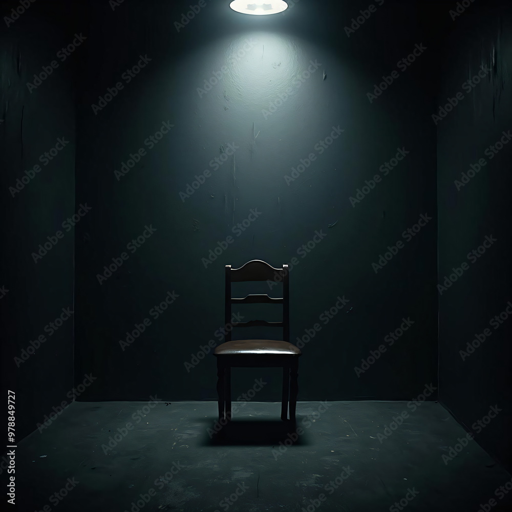 single chair in a dark room like a torture chamber or interrogation ...