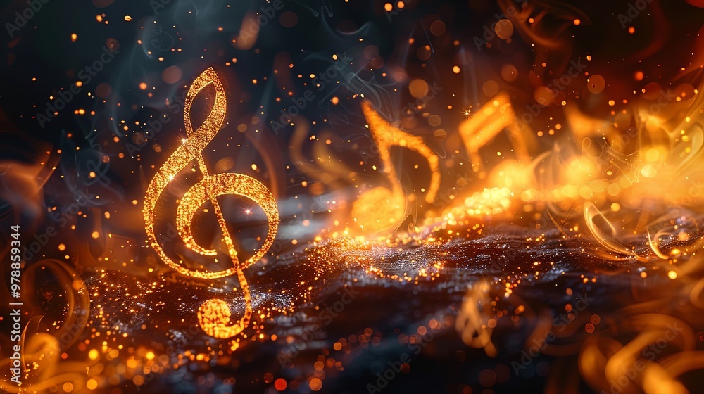 A captivating image featuring fiery musical notes illuminated with ...