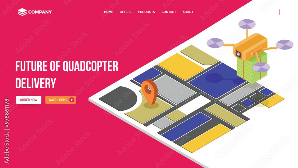 Shipping location with illustration of quadcopter and map for future ...