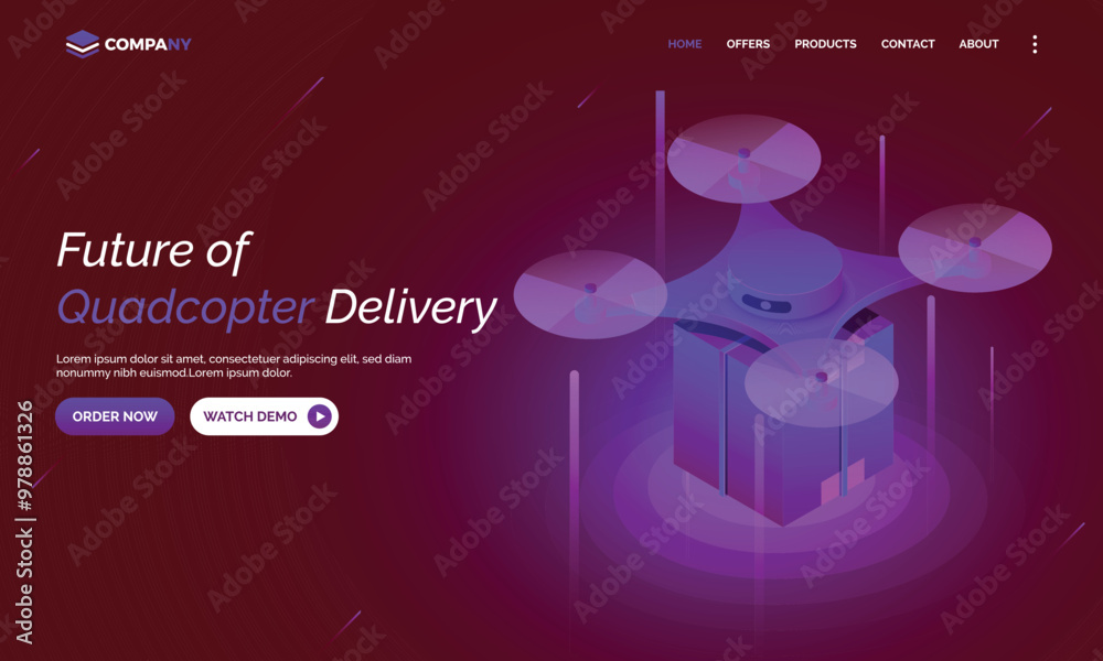 Virtual structure of quadcopter with shipping box, Landing page for ...