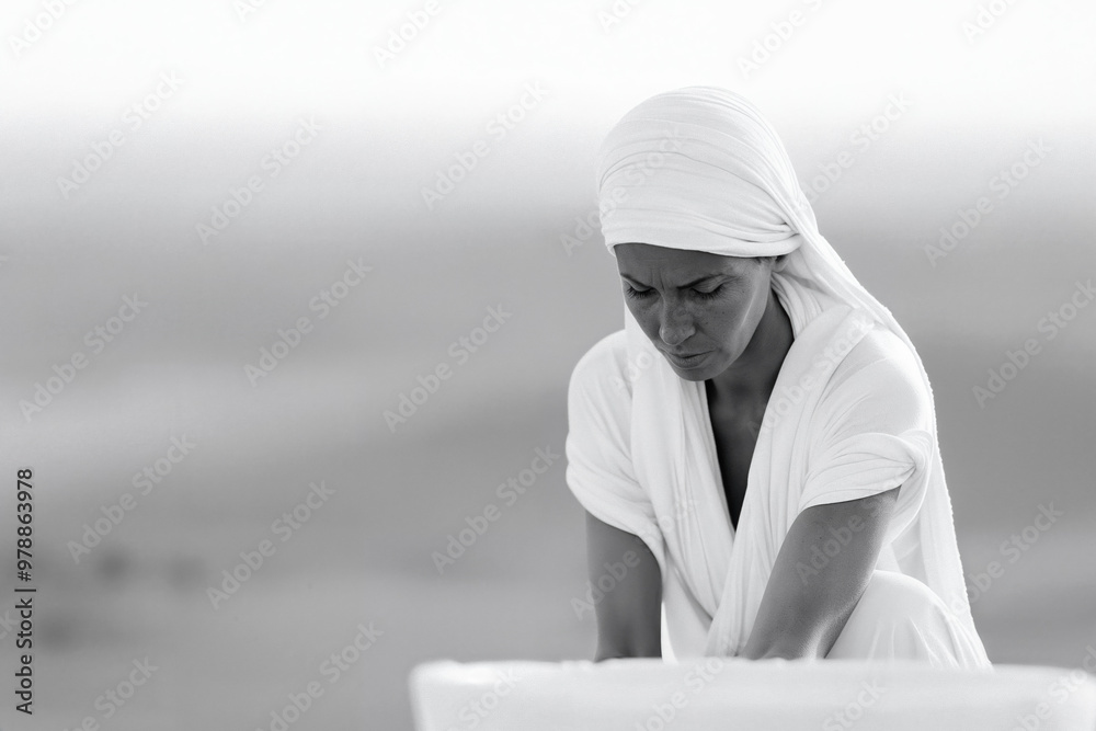 The Samaritan woman at the well, solemnly drawing water in the desert ...
