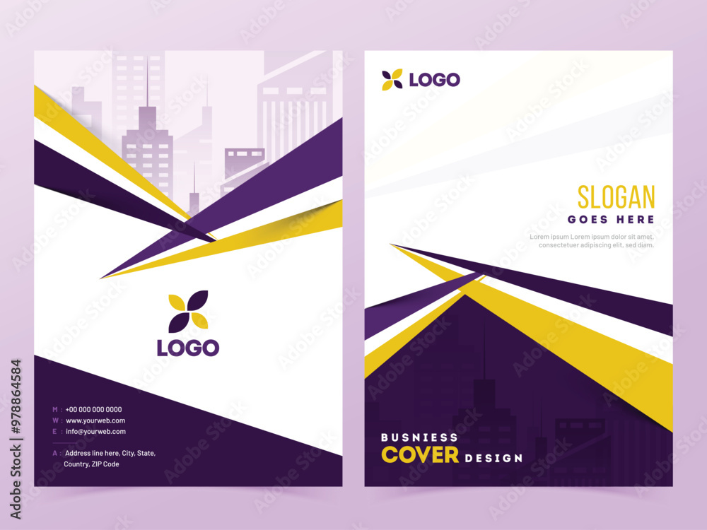 Front and back view of cover page or template design layout for ...