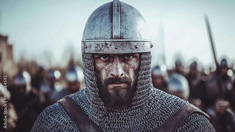 Cinematic front-view photograph of a medieval knight in a chainmail ...