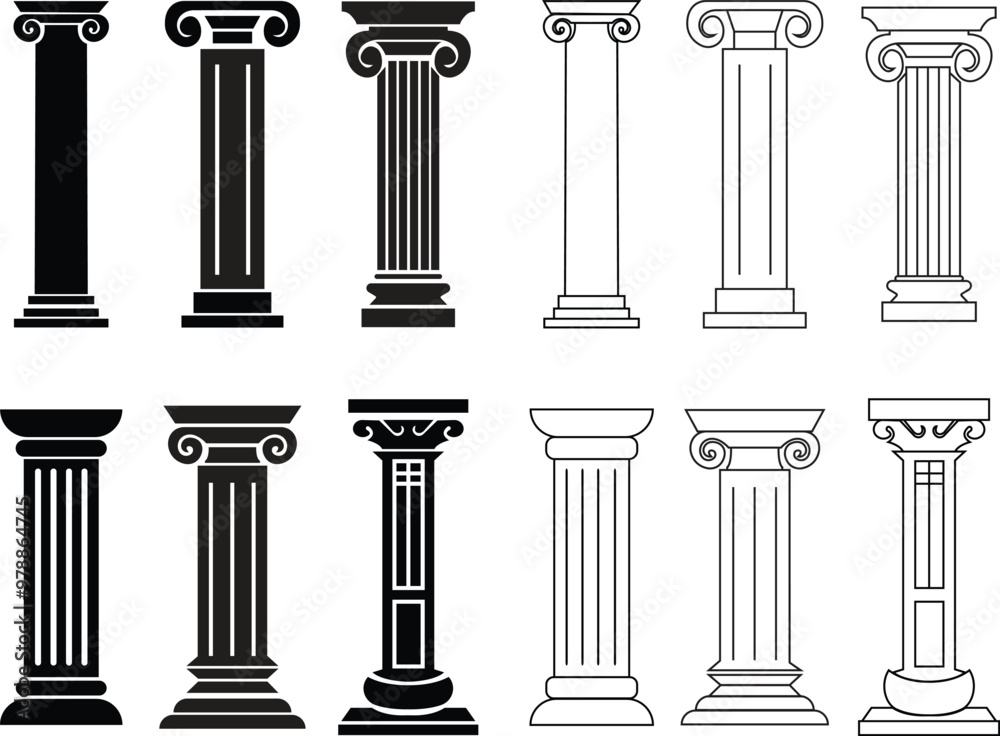 Ancient pillar or Column icons Set. Elegant classic roman, Greek architecture flat, Line ...