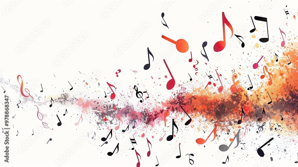 This image portrays a vibrant explosion of colorful musical notes ...