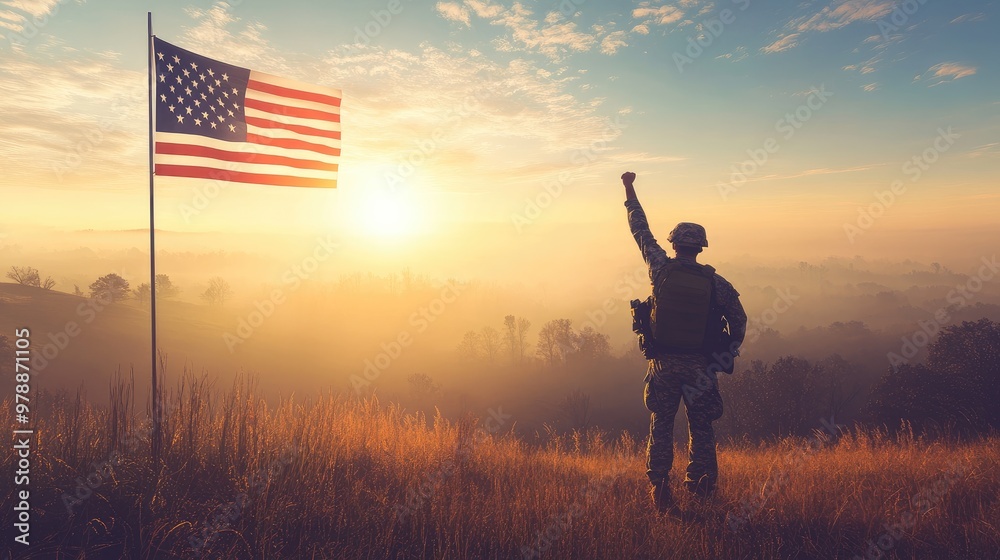 Patriotic soldier raising the USA flag as the sun breaks the horizon ...