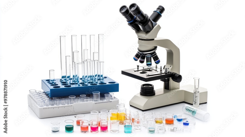 Scientific research tools including microscopes and test tubes ...