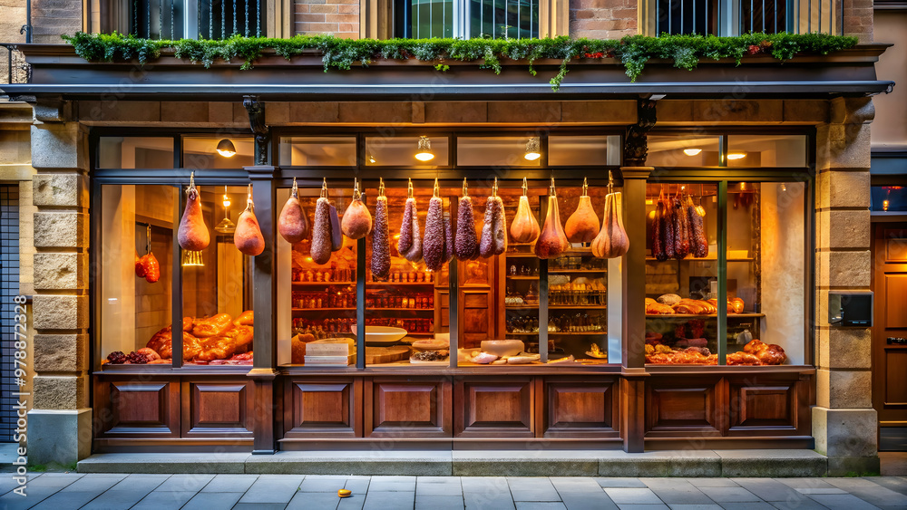 Elegant charcuterie and butcher shop facade with meat and cured foods ...