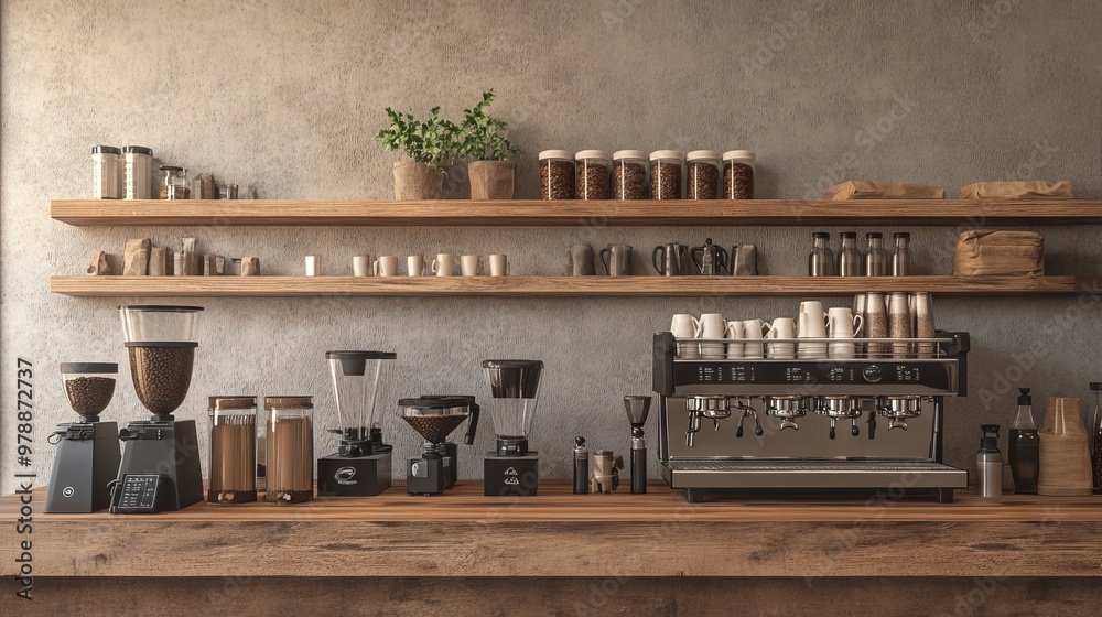 34. An inviting coffee shop setup with a wooden counter, coffee ...
