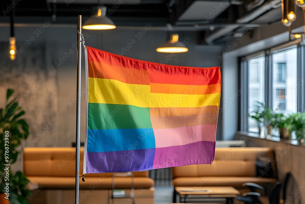 A rainbow pride flag is displayed in a modern office space, symbolizing ...