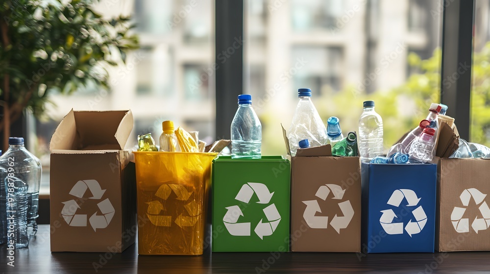 2D background of sorted recyclable waste with icons of paper, plastic ...