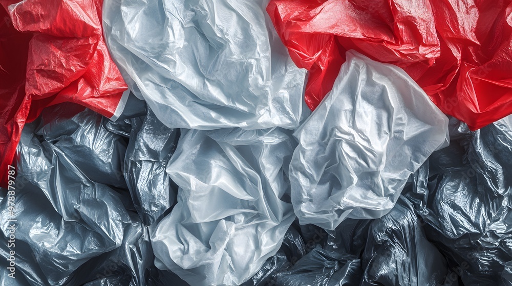Illustration of a 2D background with overlapping plastic bags and metal ...