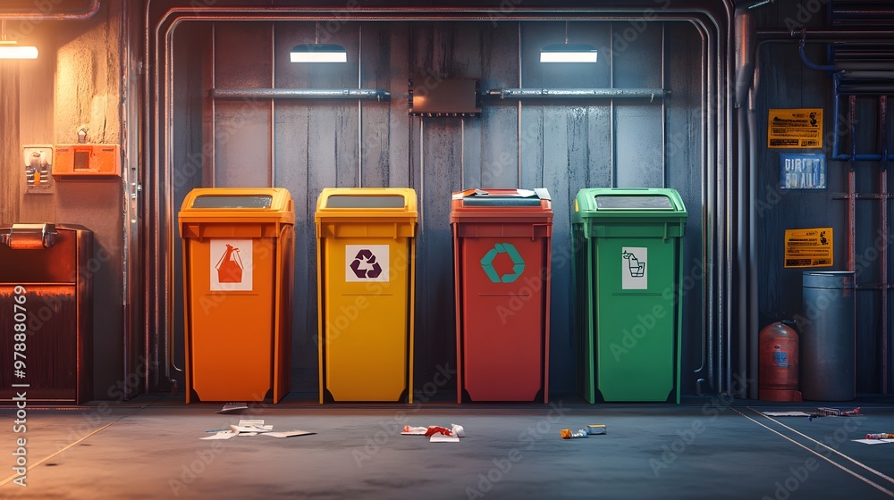 2D background of a recycling station with different bins for paper ...