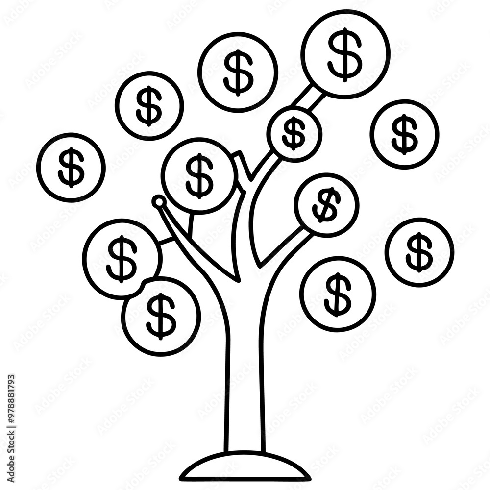 money tree with coins outline coloring book page line art drawing Stock ...