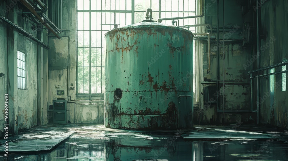 A deteriorating stainless steel tank inside an abandoned factory ...