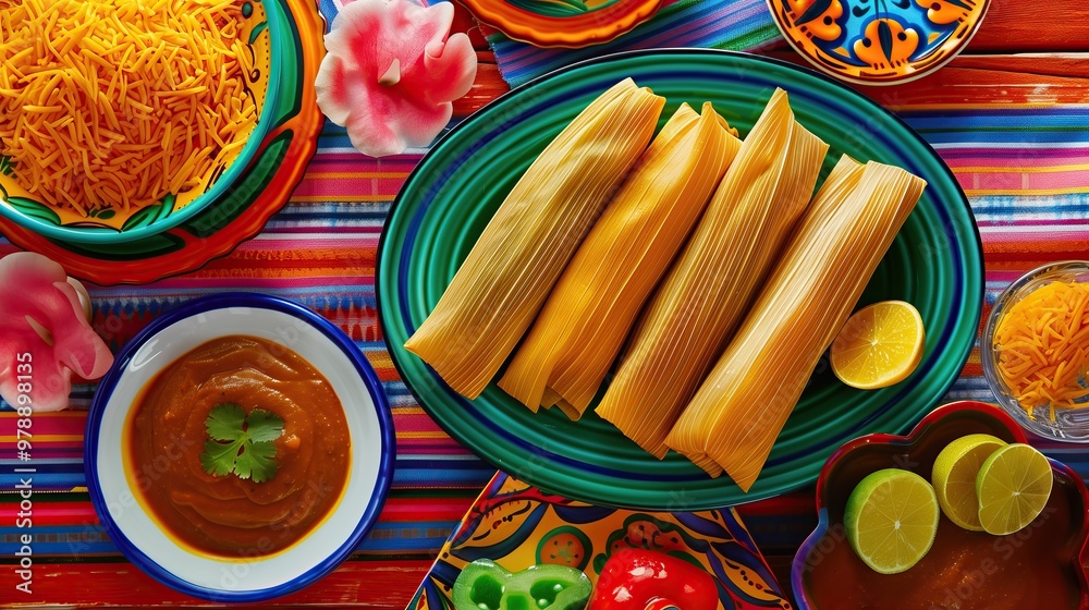 plate of tamales with side of salsa shredded cheese top view food ...
