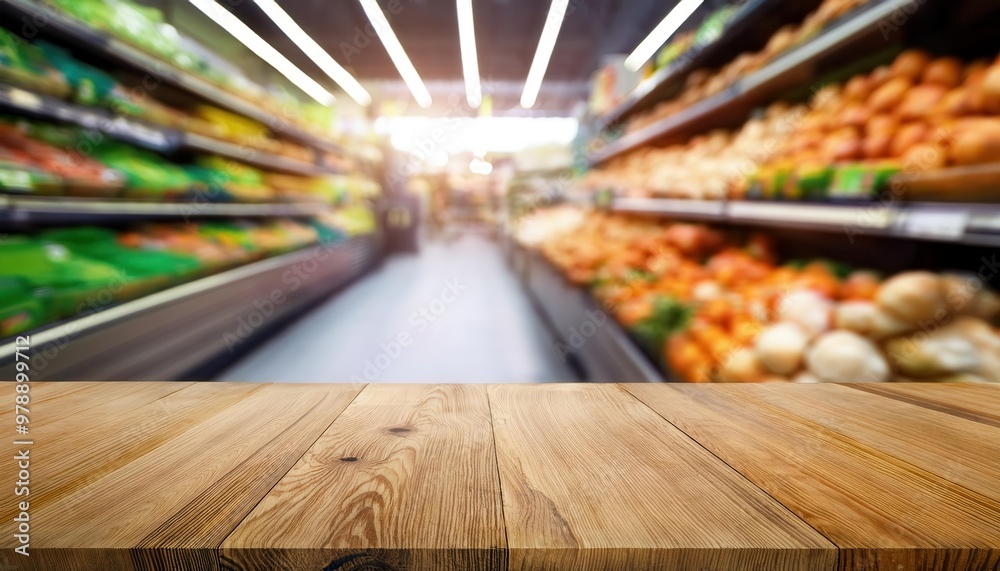 Wooden Countertop in Focus with Blurred Supermarket Aisles Full of ...