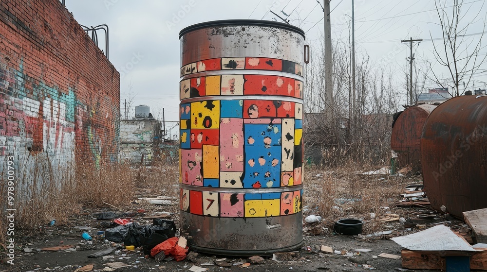 Stainless steel tank featuring colorful street art, positioned in an ...