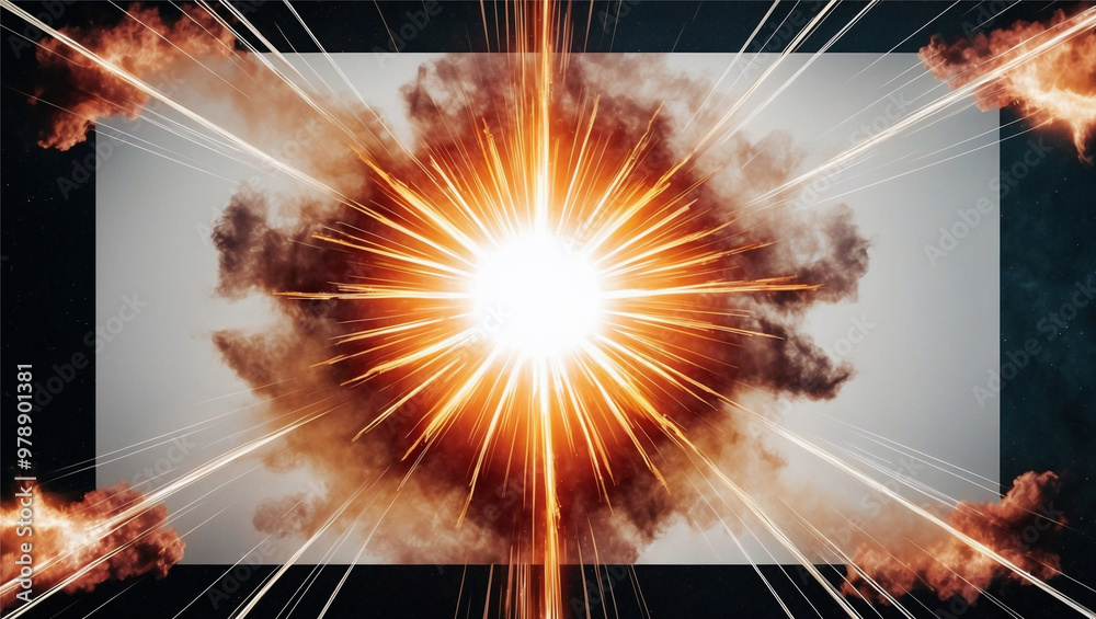 A powerful explosion emanates from the center of the image, with a ...