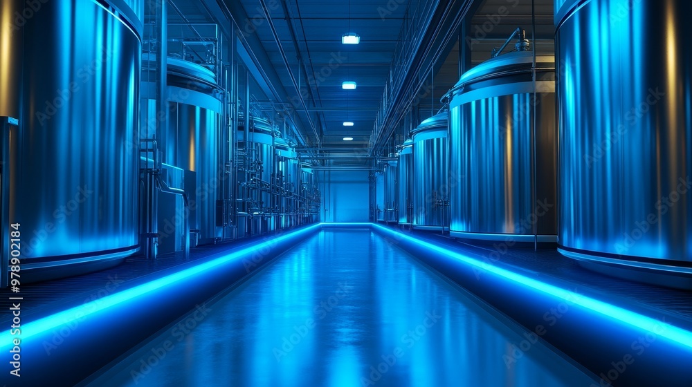 Stainless steel tank with milk pumping in, inside a high-tech dairy ...