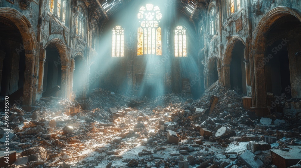 Soft beams of light filter through a ruined church's windows ...