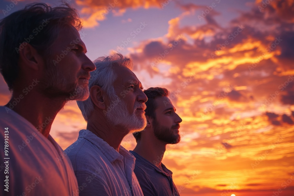 Three individuals gaze thoughtfully into a vibrant sunset, symbolizing ...
