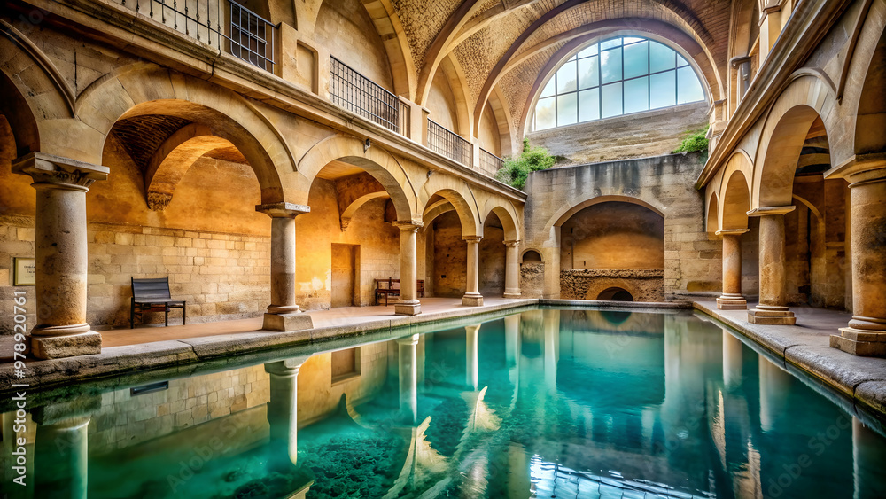 Historic Roman bathhouse with arched architecture and serene pool ...