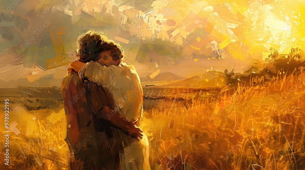 The prodigal son is embraced by his father bathed in the golden light ...