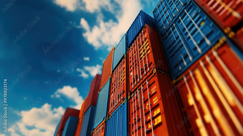 Foto de Colorful Shipping Containers Stacked High in a Busy Harbor with ...
