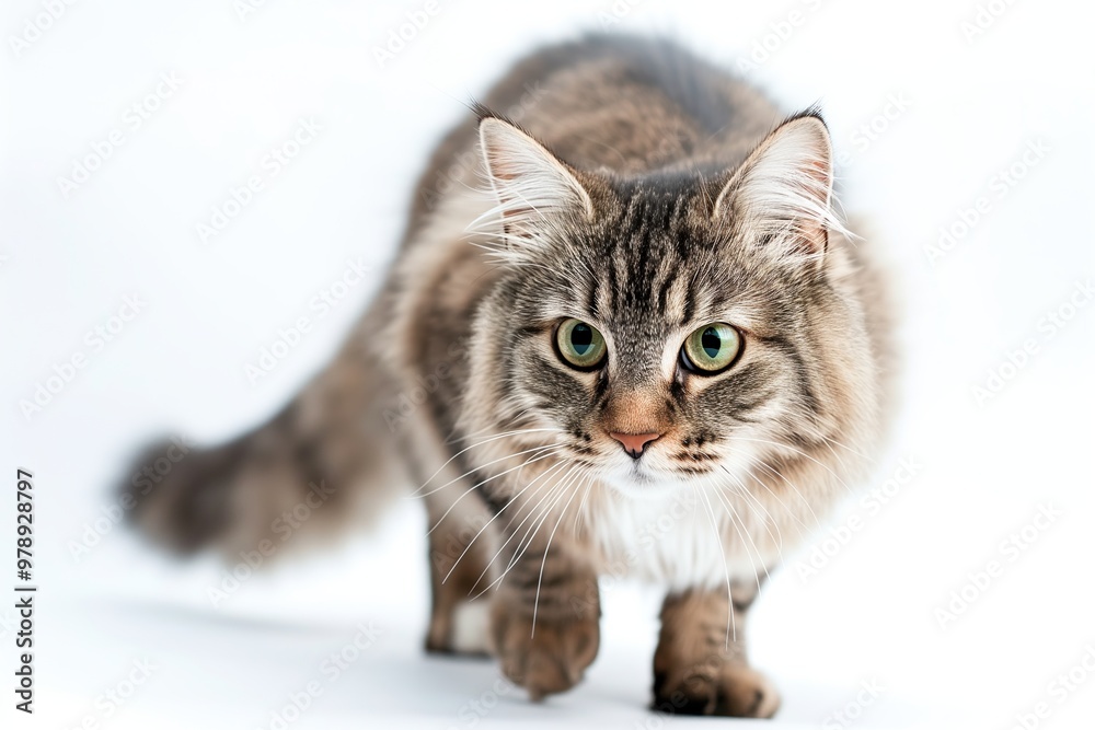 Curious tabby cat sneaking forward on a white background, in a stalking ...