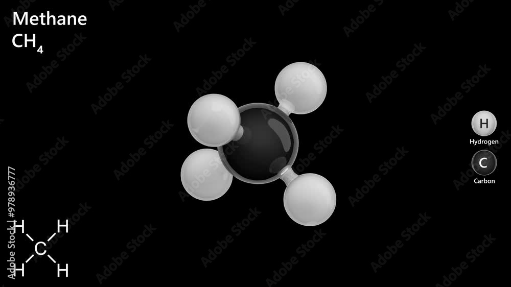 Chemical structure and 3d model of Methane (CH4). Methane is used as a ...