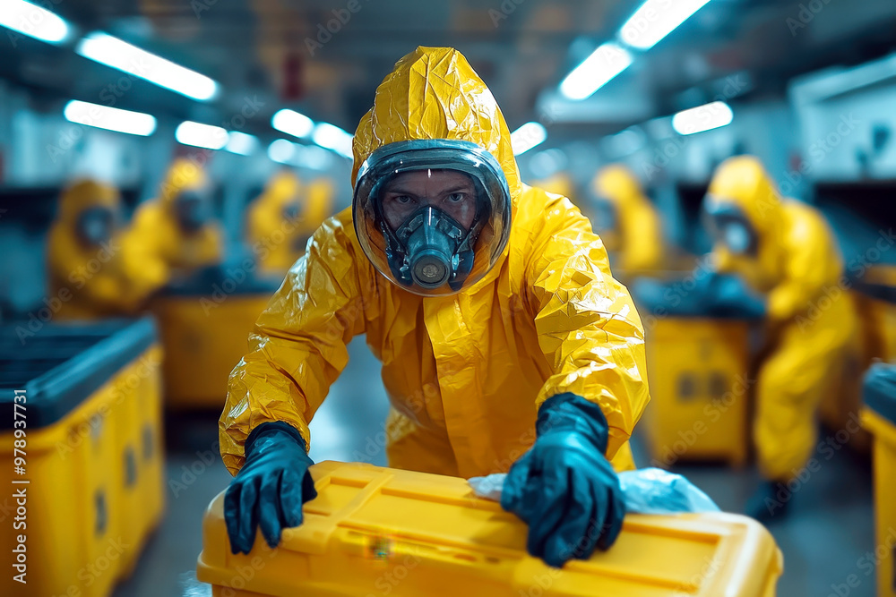 A group of workers in yellow hazmat suits and blue gloves sort and ...