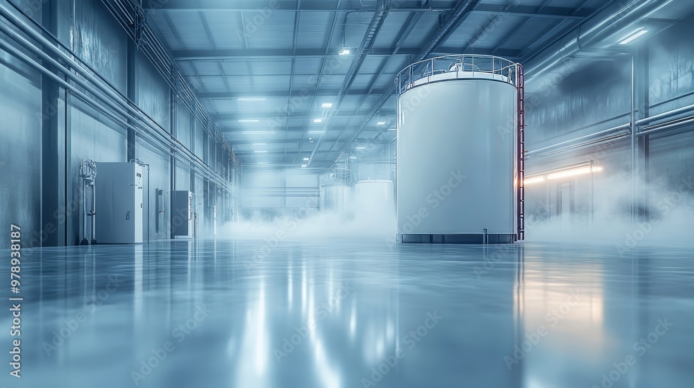 Liquid nitrogen storage tank in an industrial setting, surrounded by ...