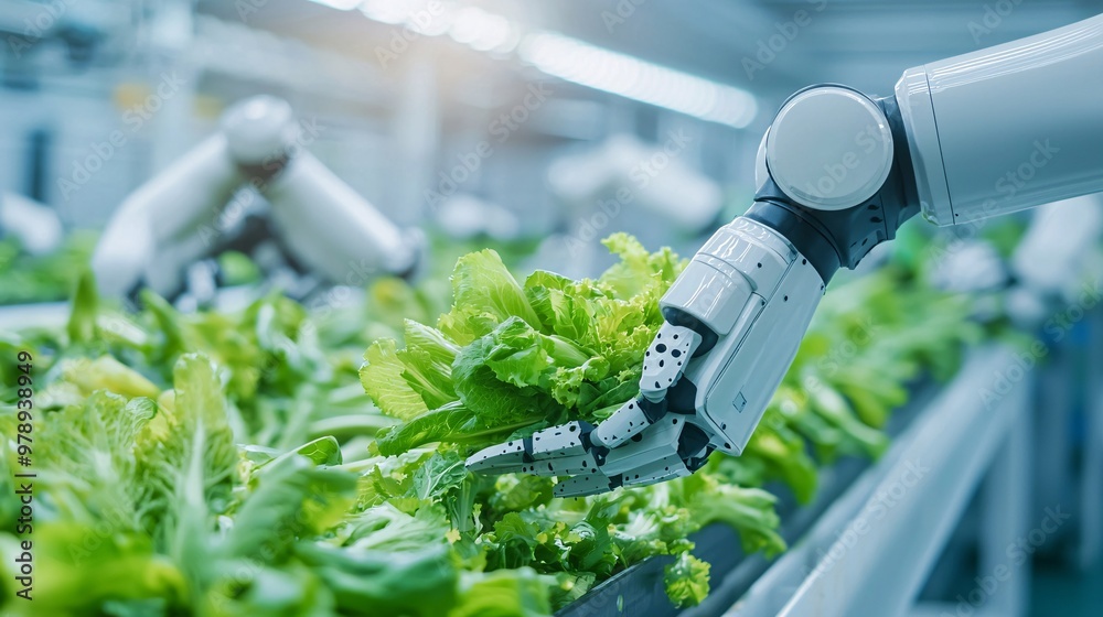 Automated robotic arms packaging freshly harvested vegetables in a ...