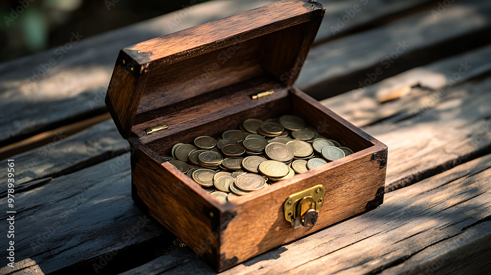 An open wooden treasure chest overflowing with gold coins, a symbol of ...