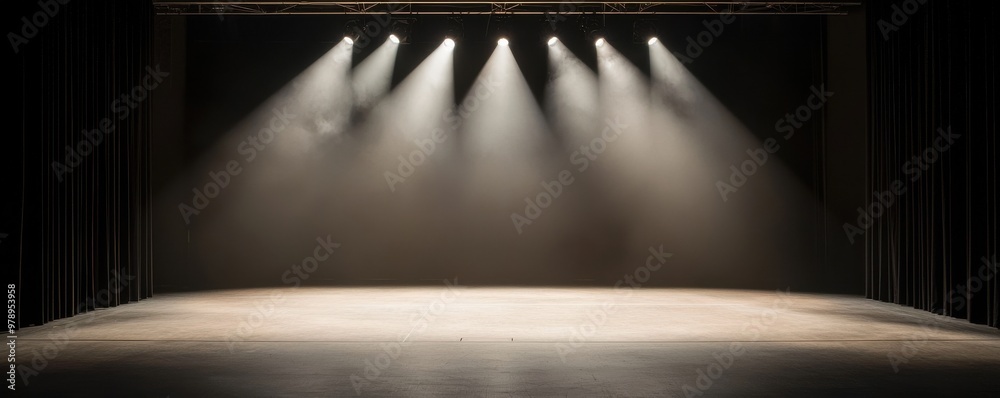 A dark stage illuminated by soft spotlights, perfect for performances ...
