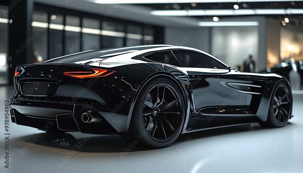 Sleek black sports cars rear and wheels showcased in showroom lighting ...