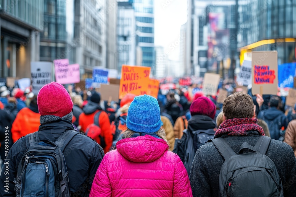 A crowd of people, dressed in winter attire, protests in the bustling ...