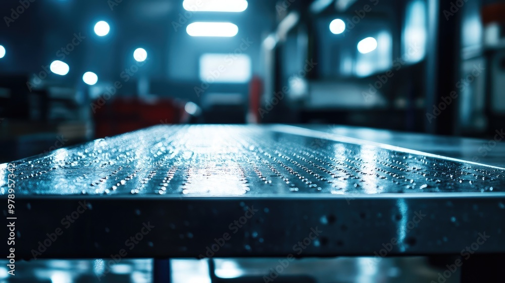 Workbench in a warehouse, close-up showing the metallic texture and ...