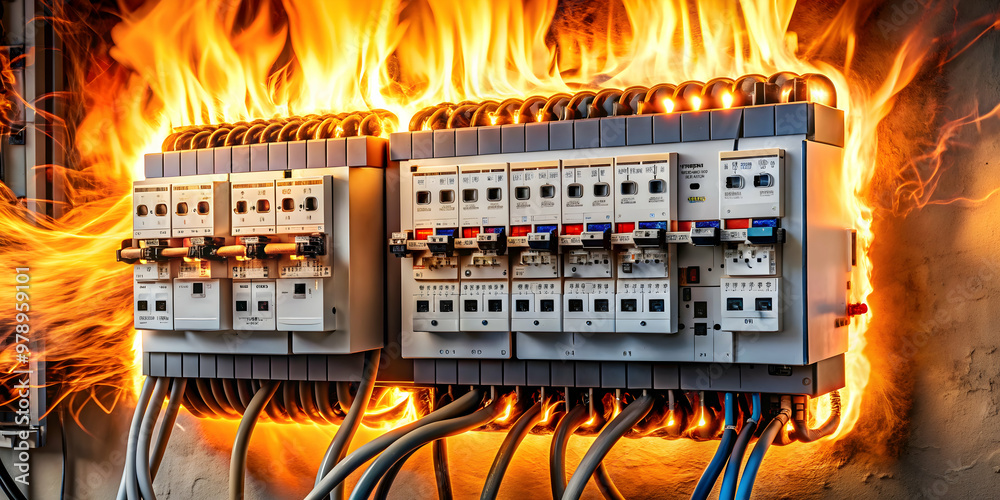 Burning switchboard with circuit breakers on fire due to overloaded or ...