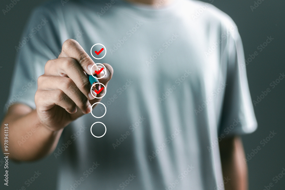 Checklist concept, online survey form completion corporate. Person ...