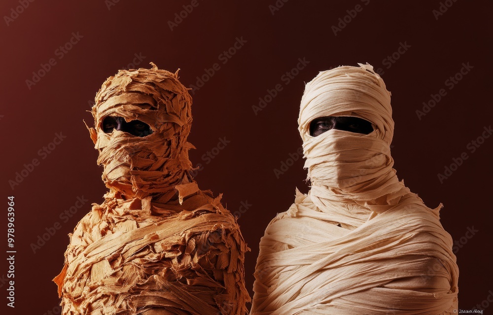 Two people dressed in mummy costumes stand next to each other. The ...