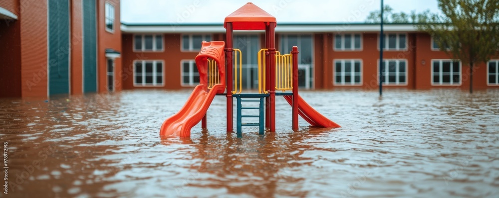 A playground submerged in floodwater, highlighting the impact of ...